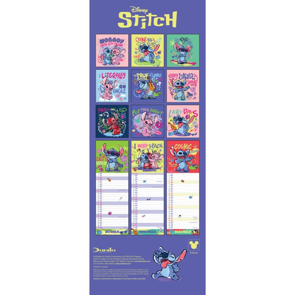 Disney Lilo & Stitch 2026 Slimline Wall Calendar - threelittlebears.co.uk