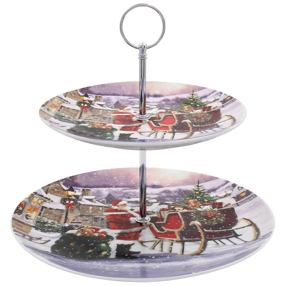 Santa Christmas 2 Tier China Cake Stand Festive Scene ...