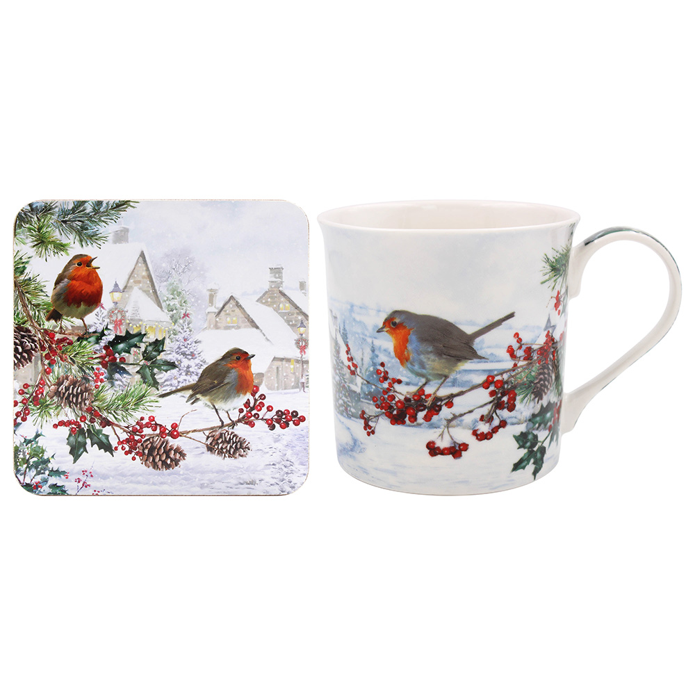 Christmas Robins Fine China Mug and Coaster Set - threelittlebears.co.uk