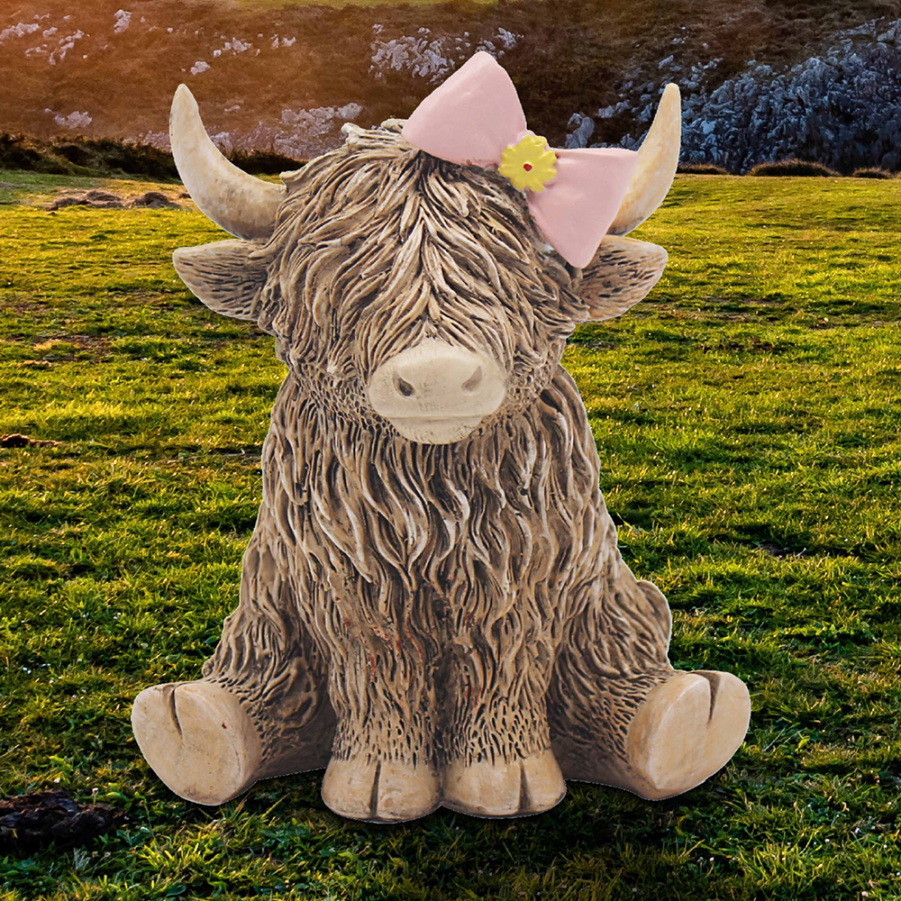 Highland Cow with Pink Hair bow Sitting Ornament Figurine ...