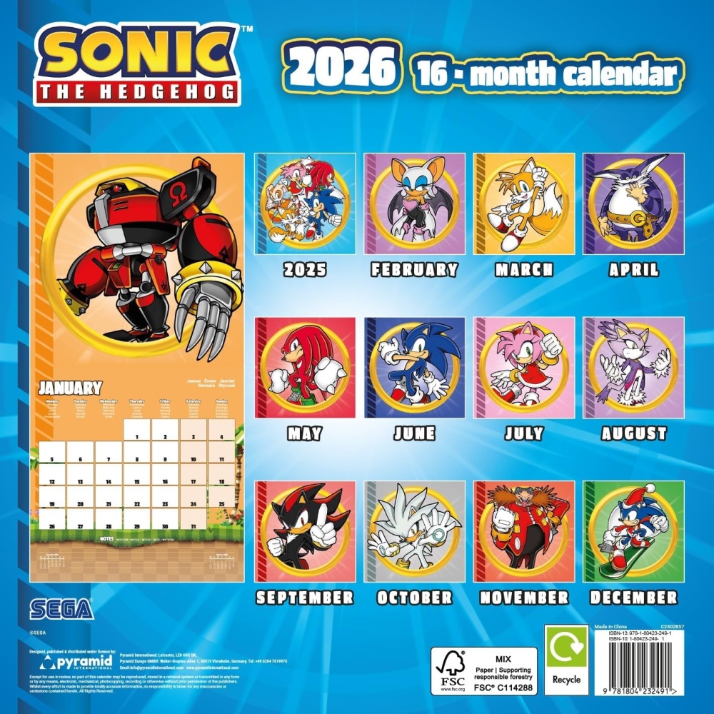 Sonic the Hedgehog Wall Calendar 2026 - threelittlebears.co.uk