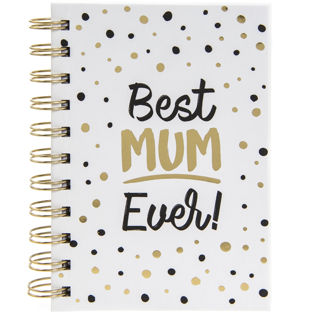 Best Mum Ever - A6 Spiral notebook with black and gold spotted design ...