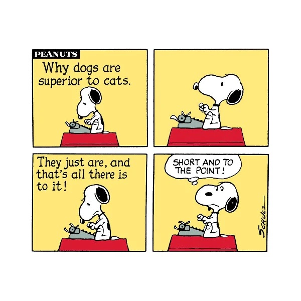 Snoopy Why are dogs superior to cats Greeting Card - threelittlebears.co.uk